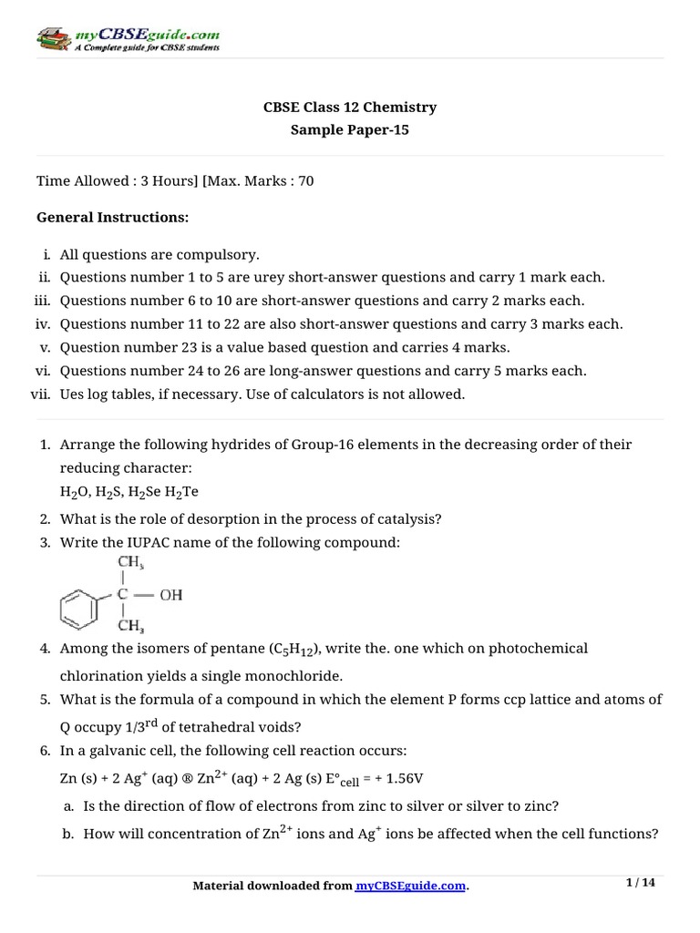 CBSE Class 12 Chemistry Sample Paper-15: Material Downloaded From - 1 / ...