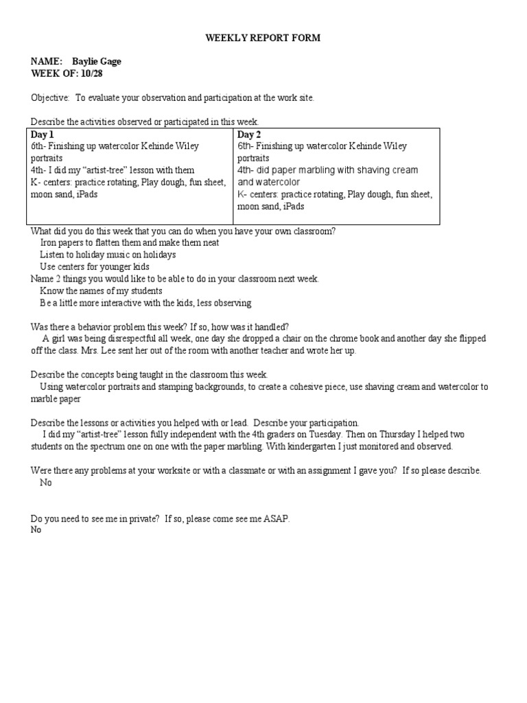 Weekly Report Form | PDF