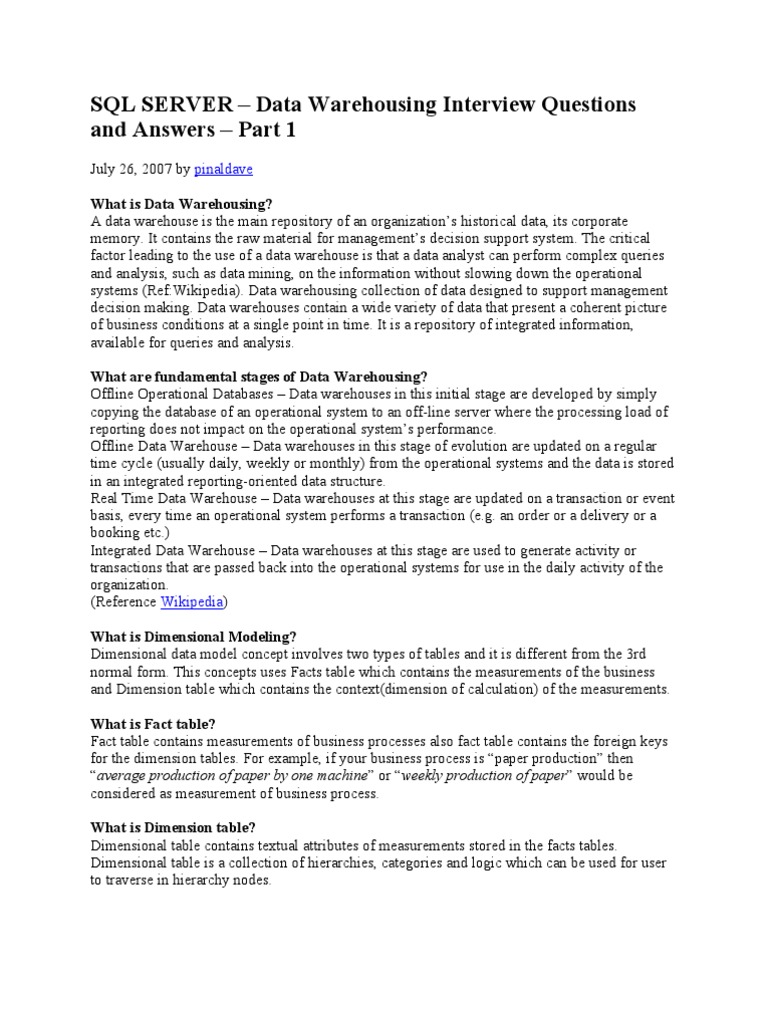 SQL SERVER - Data Warehousing Interview Questions and Answers - Part 1 ...