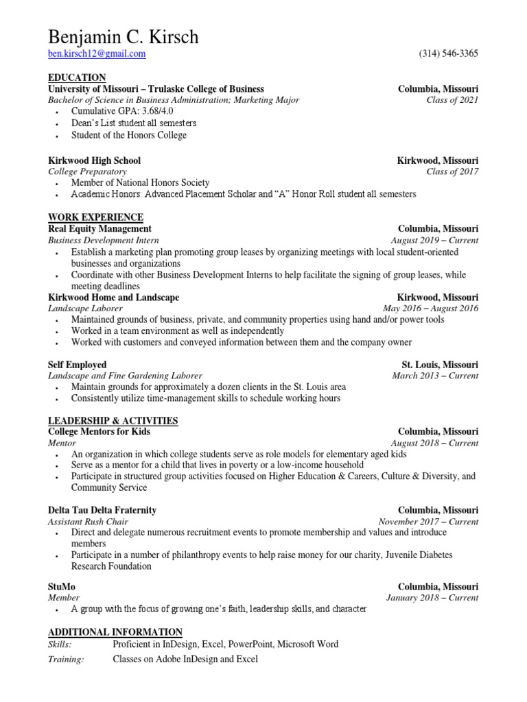 Benjamin Kirsch Resume | PDF | Columbia University | College