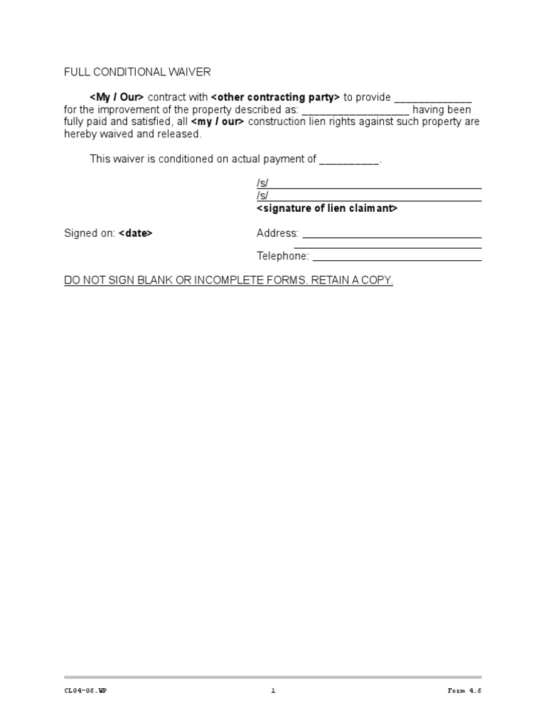 Full Conditional Lien Waiver Form | PDF