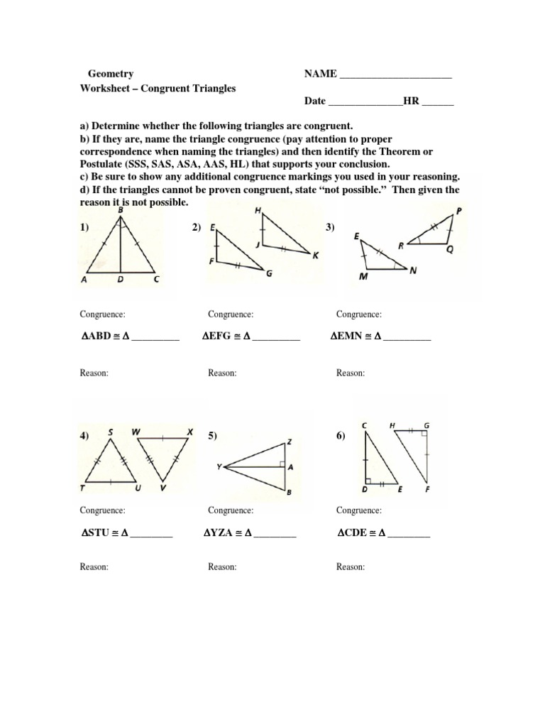 Geometry Worksheet - Identifying Congruent Triangles Through Proofs ...