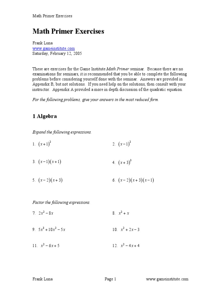 Math Primer Excercises | PDF | Quadratic Equation | Equations