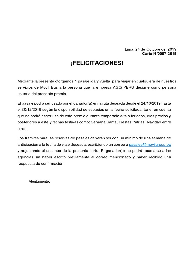 Modelo Carta Premio | PDF