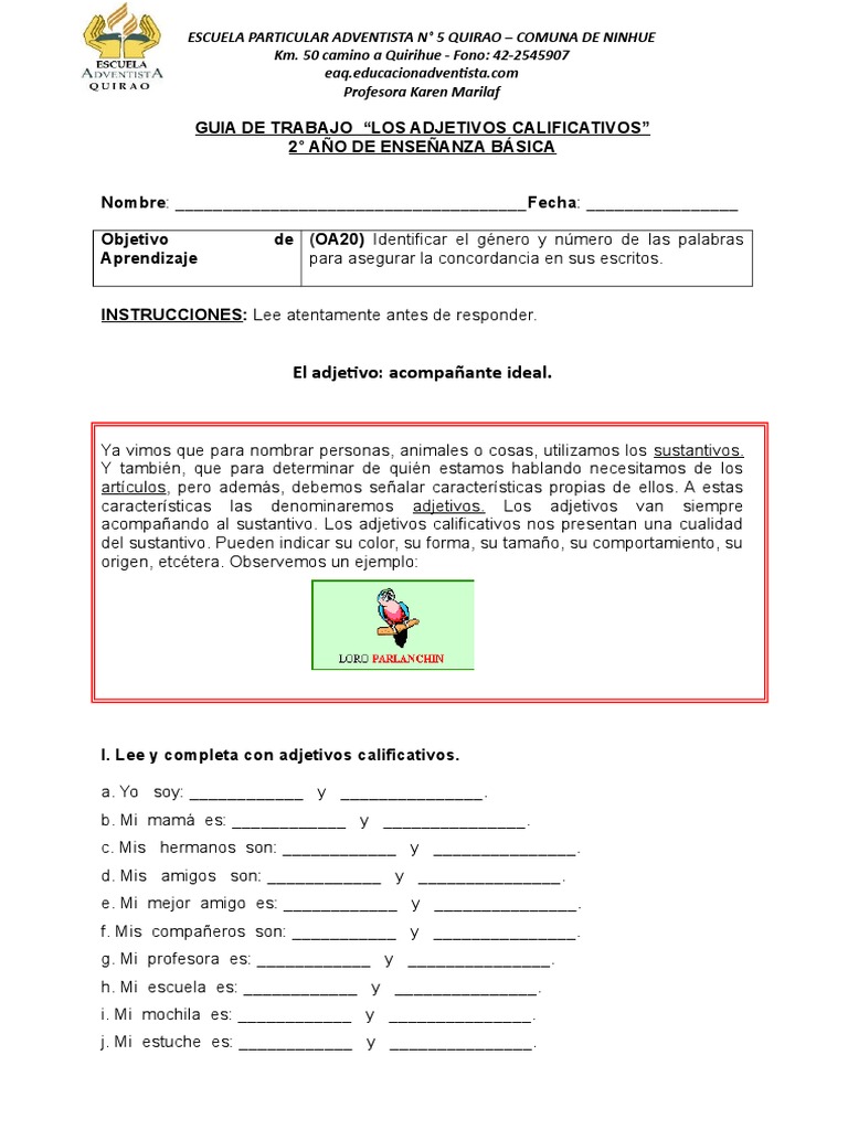 Guía Adjetivos 2° Año | PDF | Adjetivo
