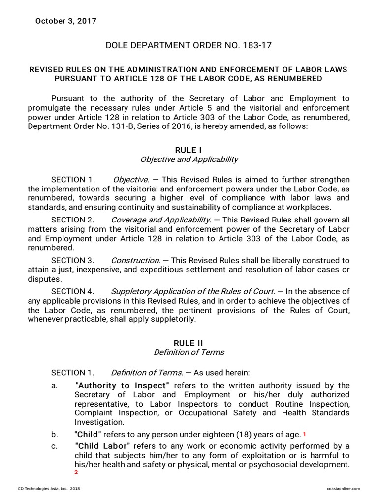 Dole Department Order No. 183-17: Objective and Applicability Objective ...