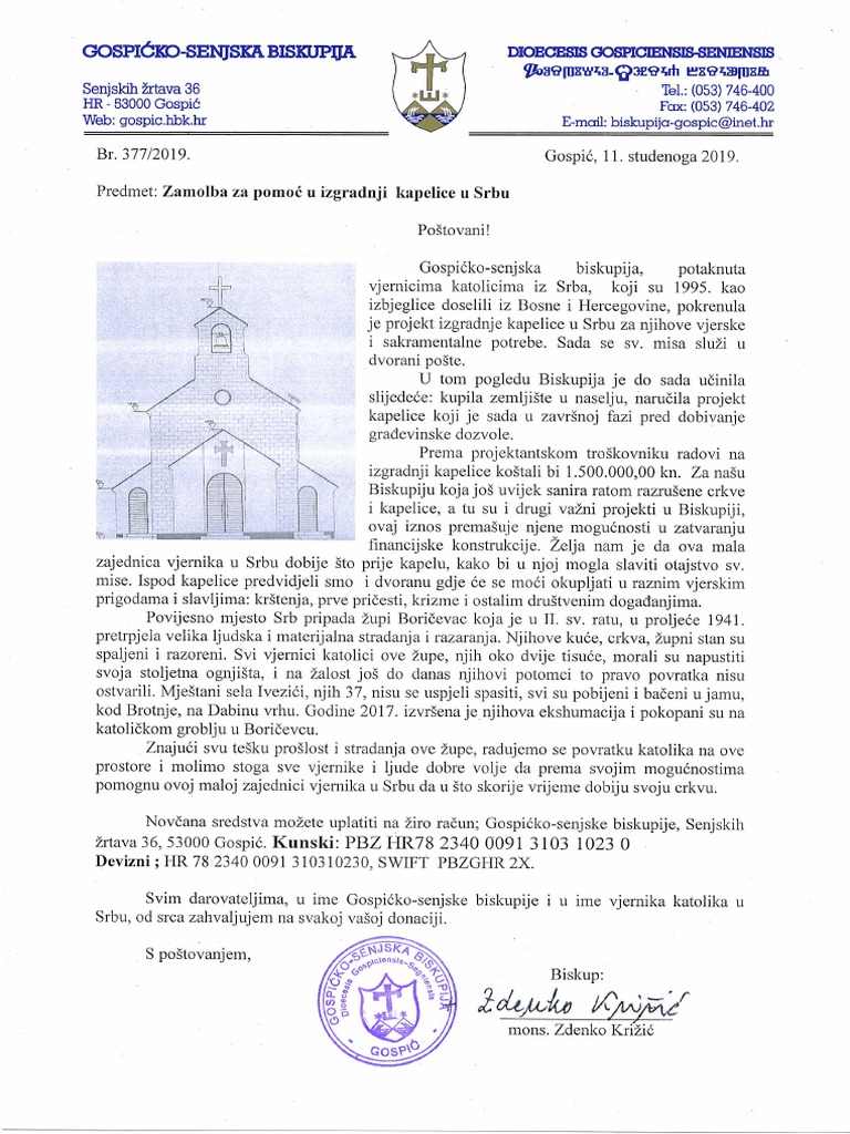 Zamolba Za Pomoć U Izgradnju Kapelice U Srbu | PDF