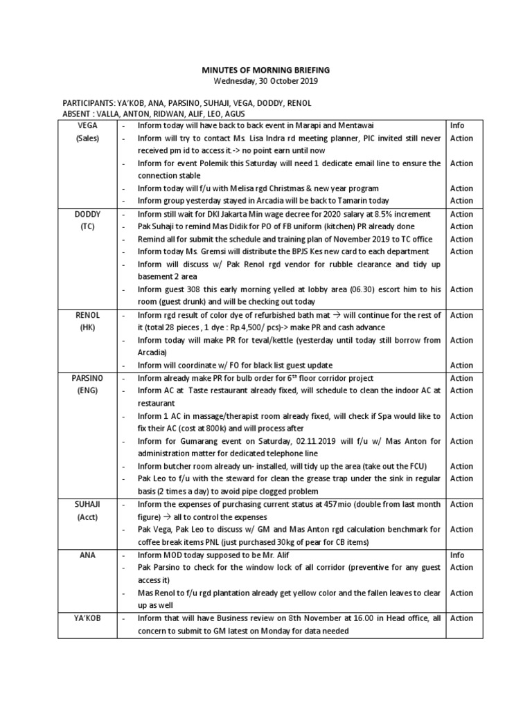 Minutes of Morning Briefing | PDF | Architectural Elements | Business