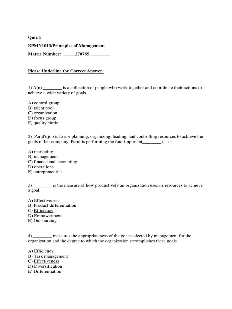 QUIZ 1 (1) Principle of Management | PDF | Stakeholder (Corporate ...