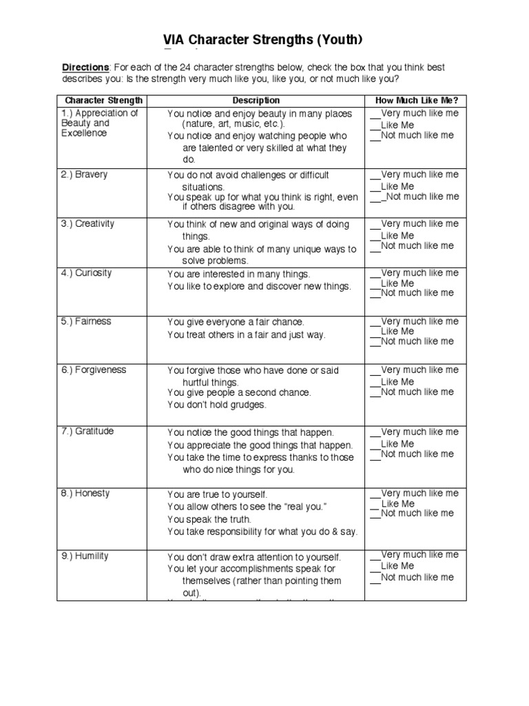Via Character Strengths Discussion Survey | PDF | Reason ...