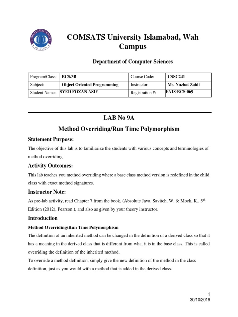 Lab 9A | PDF | Method (Computer Programming) | Inheritance (Object Oriented Programming)