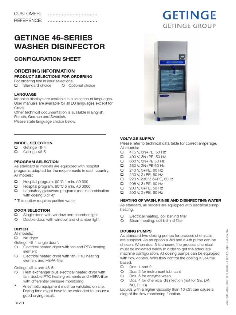 Getinge 46-Series Washer Disinfector: Configuration Sheet | PDF ...