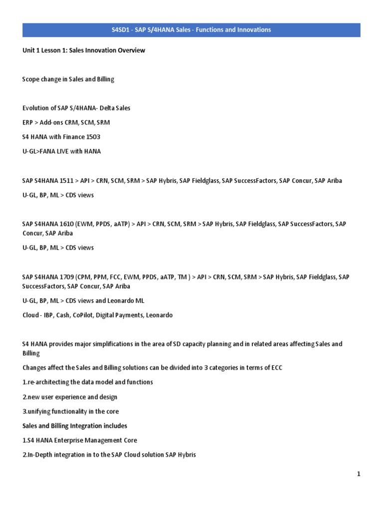 Unit 1 Lesson 1: Sales Innovation Overview: S4SD1 - SAP S/4HANA Sales ...