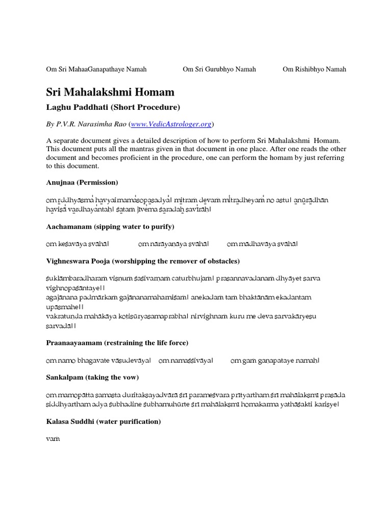 Lakshmi Homam Eng Quick Ref | PDF