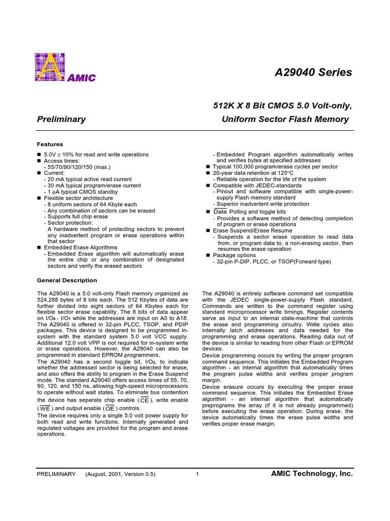 AMIC A29040 Spec | PDF | Flash Memory | Input/Output