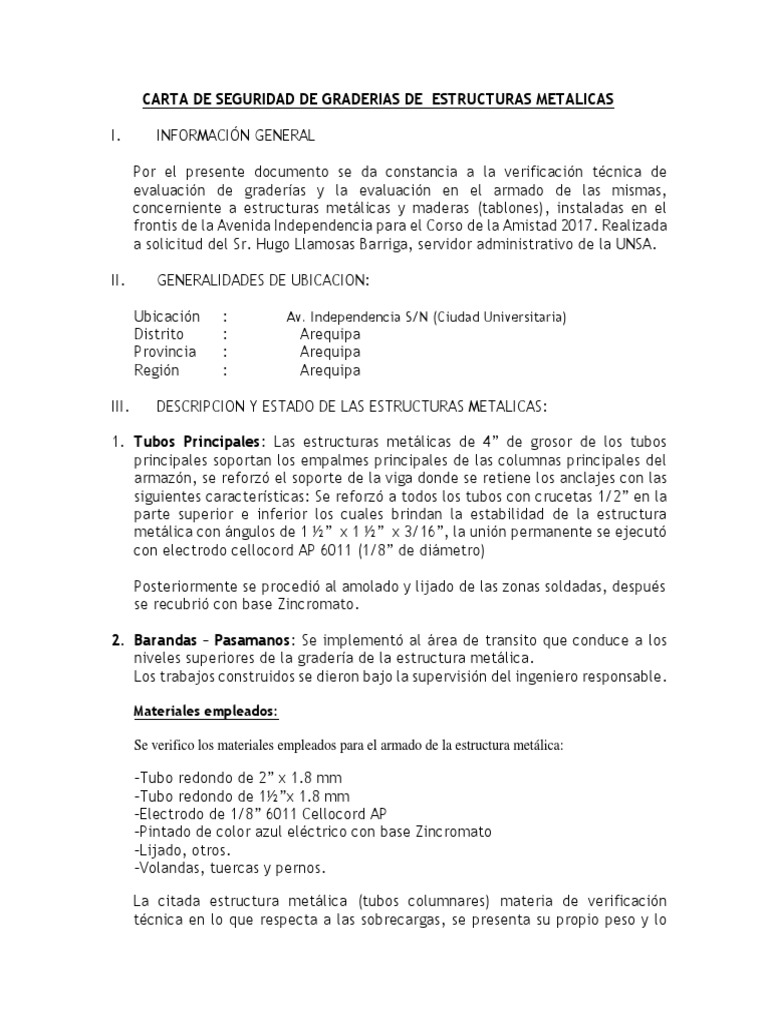 Carta Estructuras Metalicas de Graderias para El Corso | PDF | Acero estructural | Acero