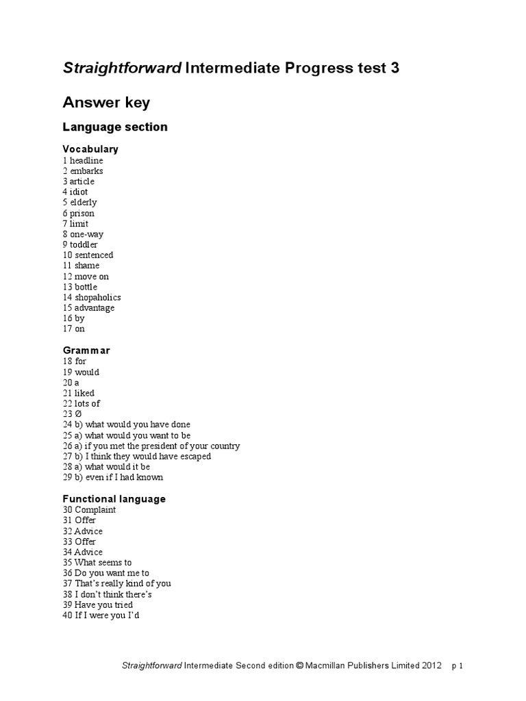 Answer Key: Straightforward Intermediate Progress Test 3 | PDF