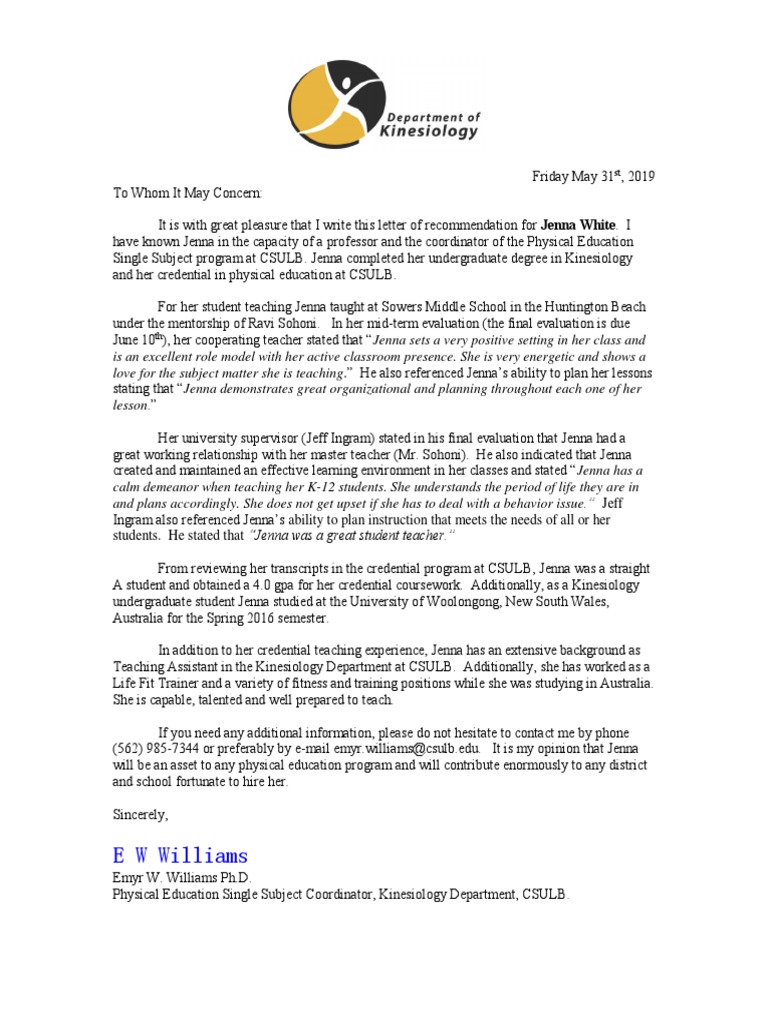 Letter of Recommendation 2 | PDF | Physical Education | Teachers