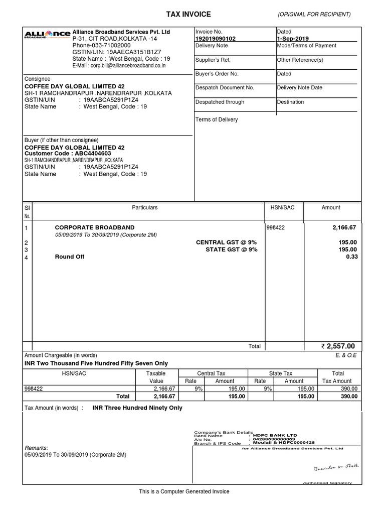 Tax Invoice: Alliance Broadband Services Pvt. LTD | Download Free PDF ...