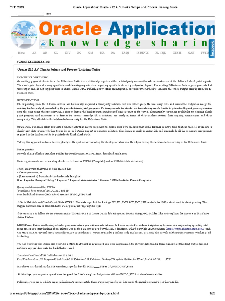 Oracle R12 AP Checks Setups and Process Training Guide: Home AP AR GL ...