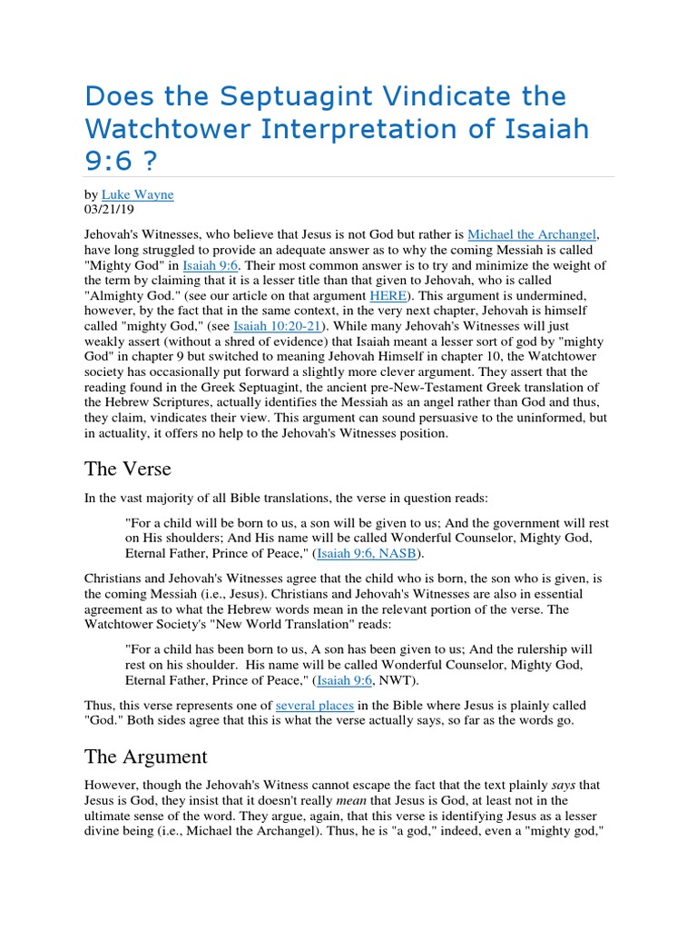 Does The Septuagint Vindicate The Watchtower Interpretation of Isaiah ...