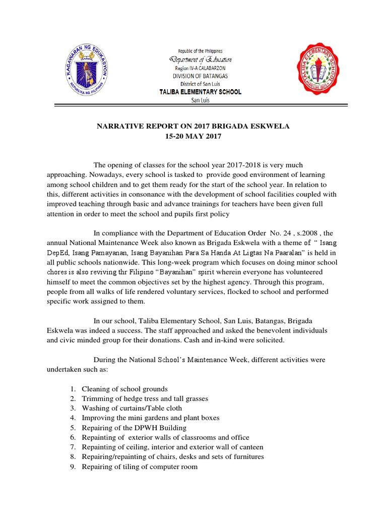 Brigada Eskwela Narrative Report 2017-2018 | PDF