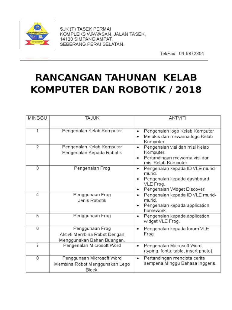 Rancangan Tahunan Kelab Komputer Dan Robotik / 2018 | PDF