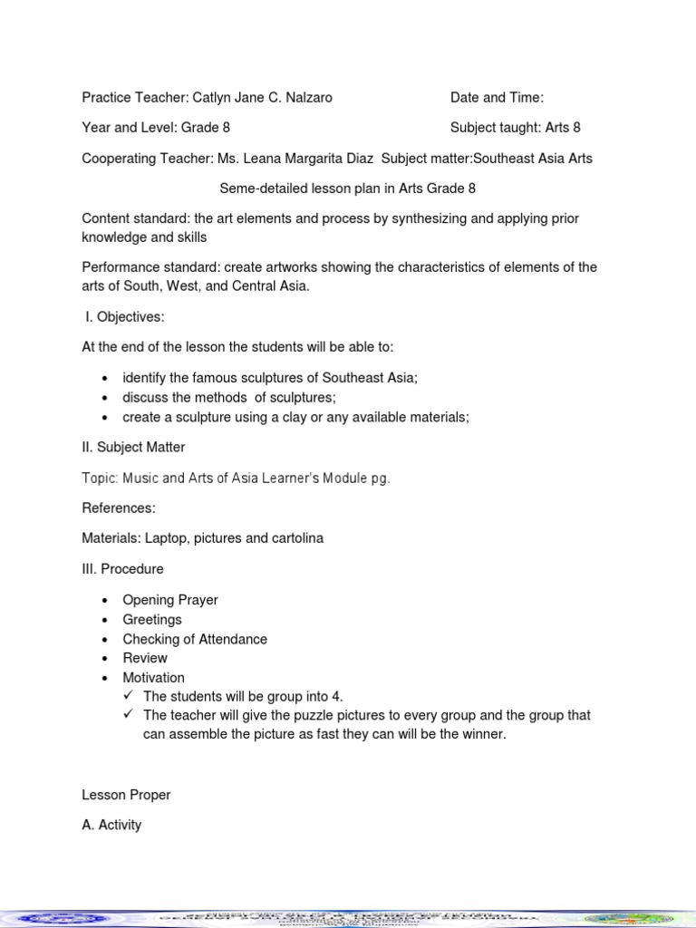 Lesson Plan in Arts Sculpture 8 | PDF | Sculpture | Southeast Asia