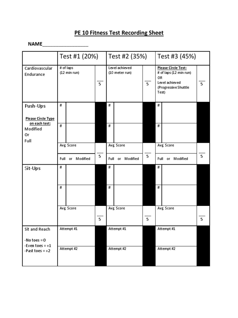 Pe 10 Fitness Test Recording Sheet | PDF | Recreation | Physical Exercise