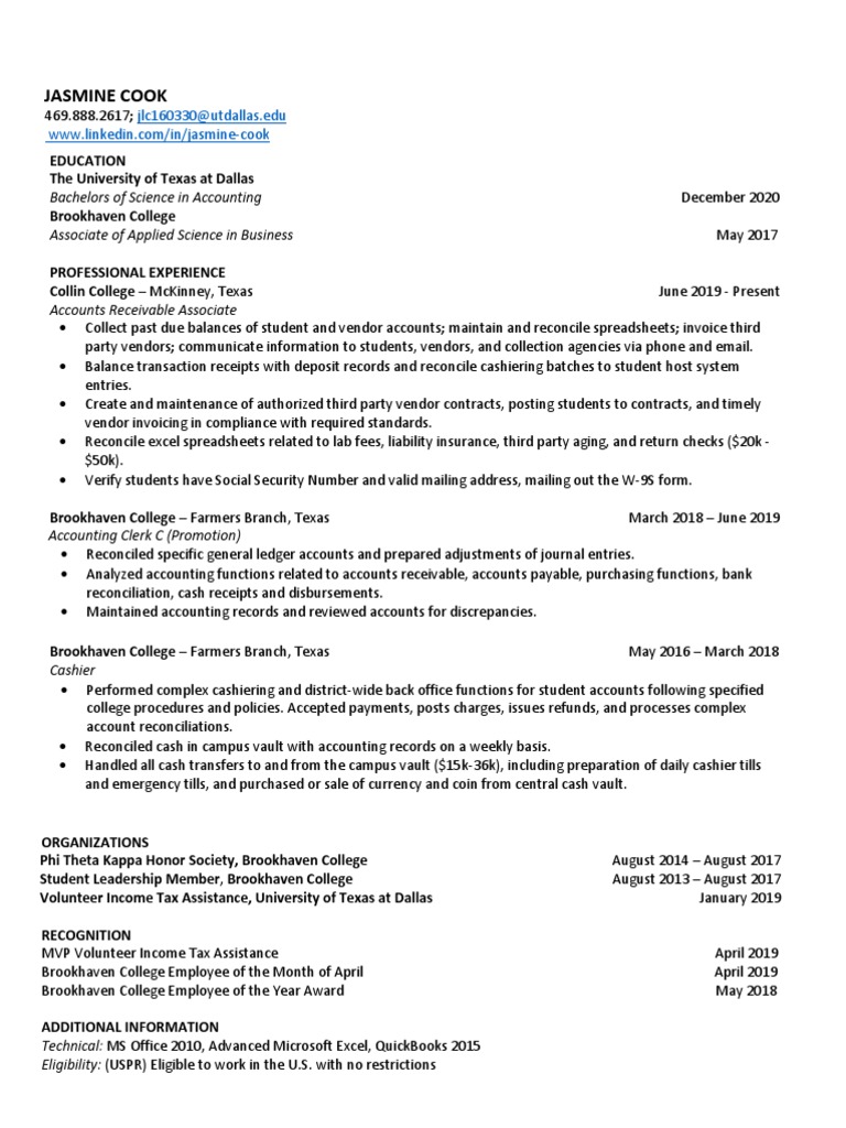 Jasmine Cook Utd Resume | PDF | Bookkeeping | Payments