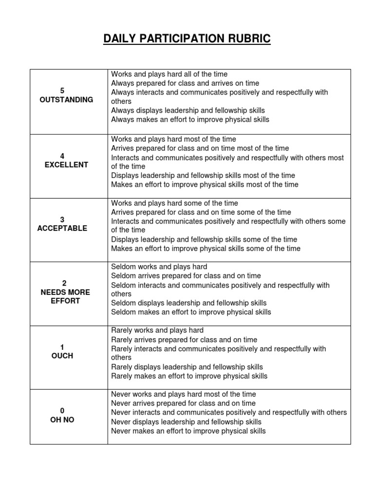 Daily Participation Rubric Guide | PDF | Self-Improvement