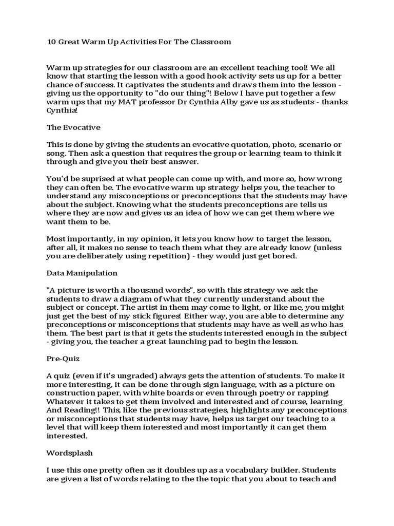 10 Great Warm Up Activities For The Classroom | PDF | Question | Learning