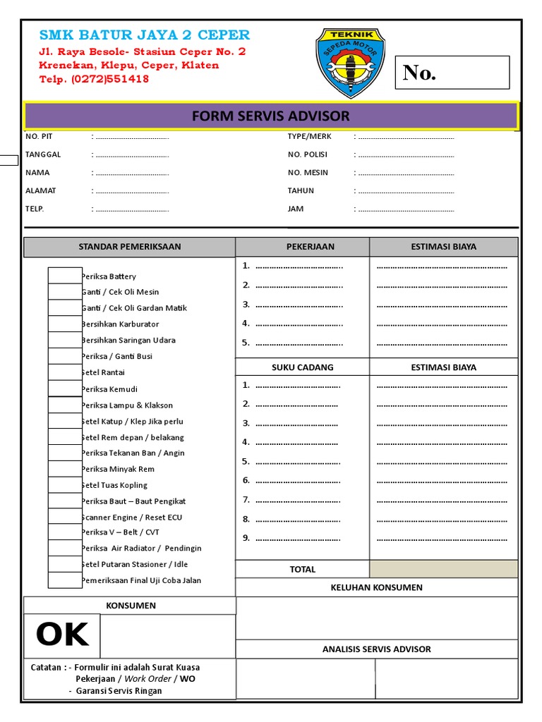Form Servis Advisor: SMK Batur Jaya 2 Ceper | PDF