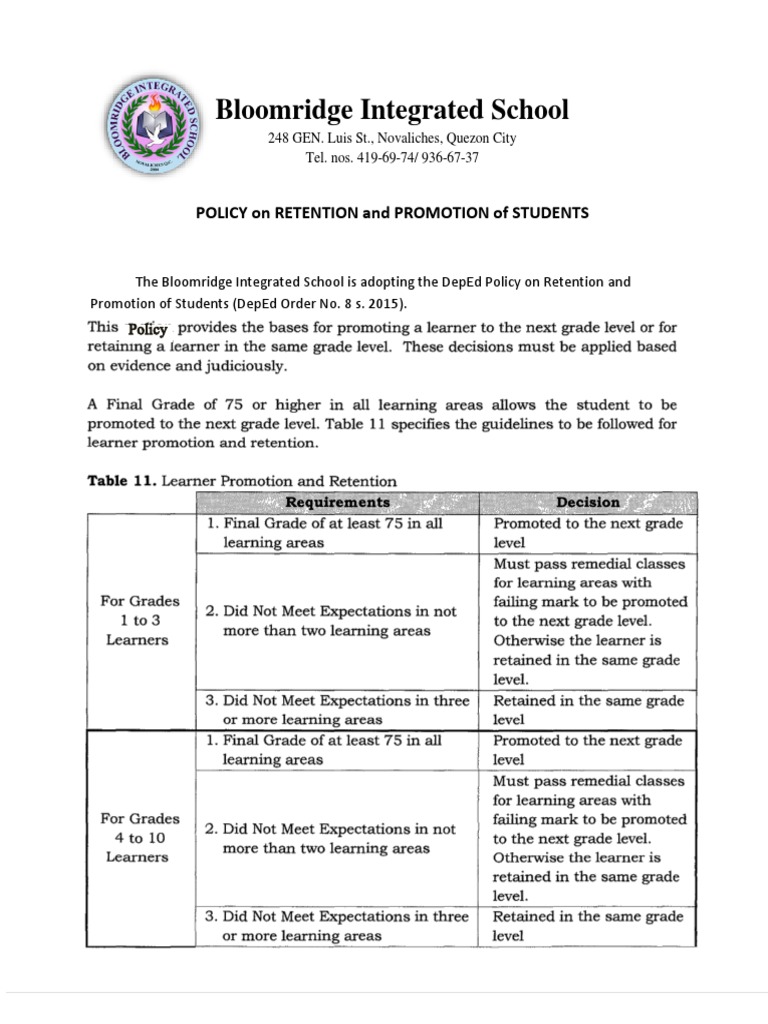 Policy On Retention and Promotion of Students | PDF