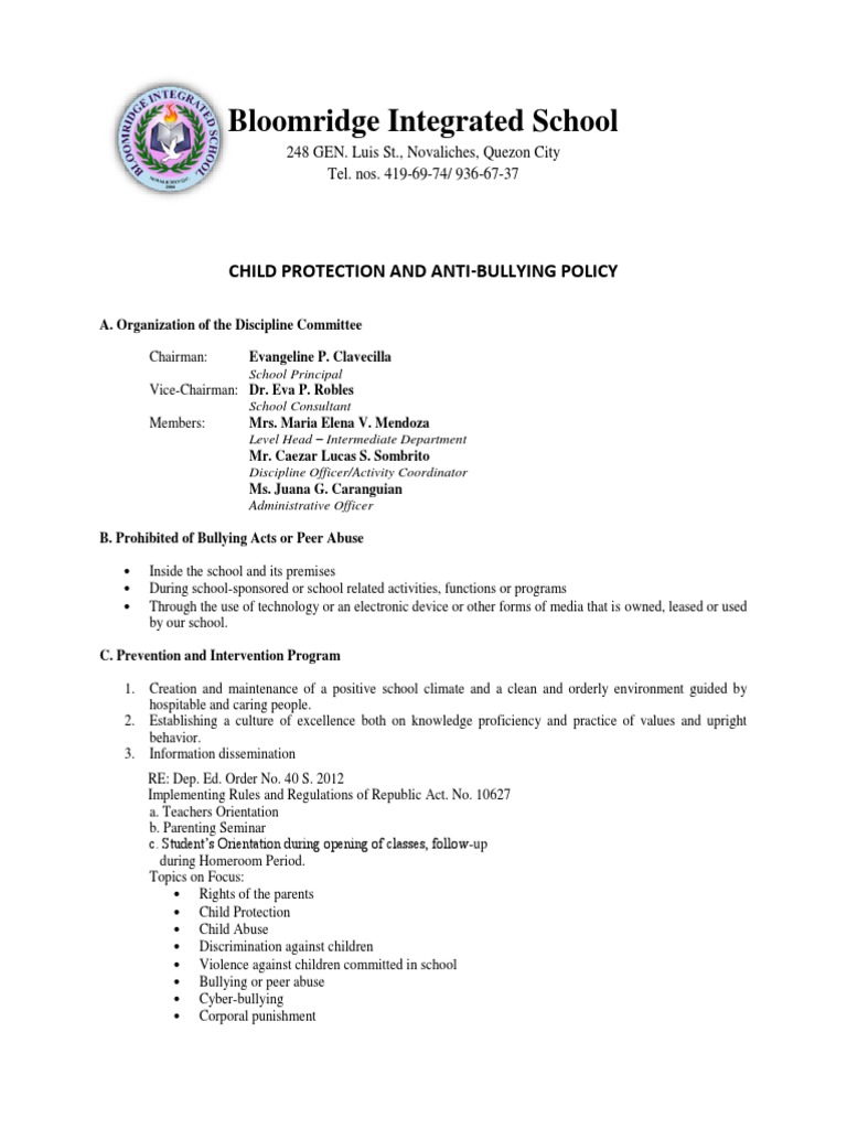 Child Protection and Anti-Bullying Policy | PDF | Bullying | Child Abuse