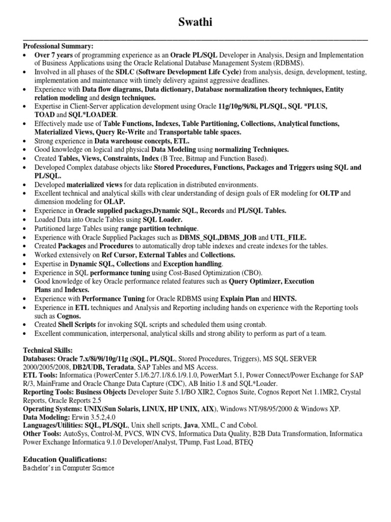 Swathi PL - SQL Developer Resume | PDF | Pl/Sql | Databases