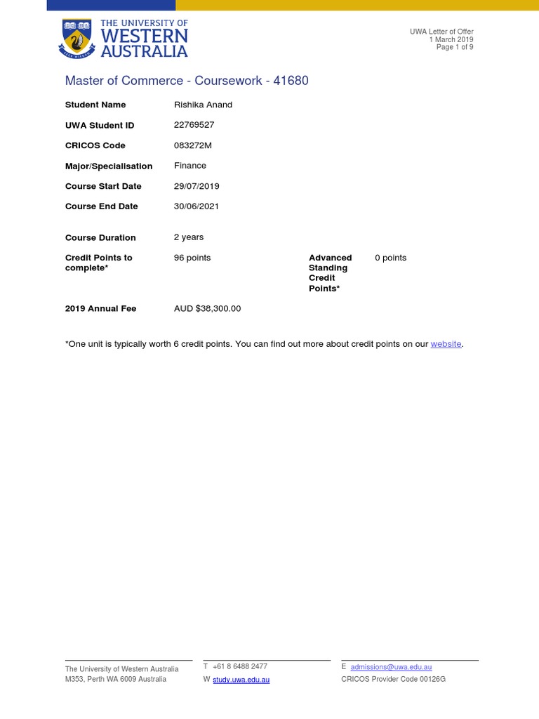 UWA Offer for Master of Commerce | PDF | Offer And Acceptance | Fee