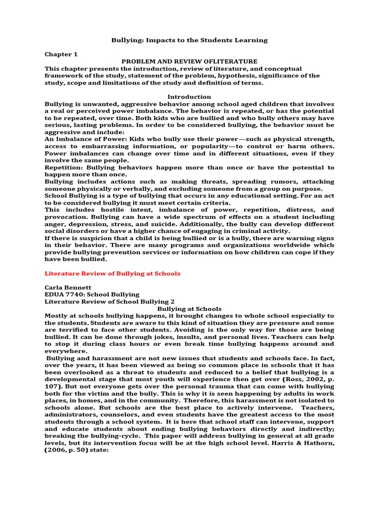 Bullying: Impacts To The Students Learning: Literature Review of ...