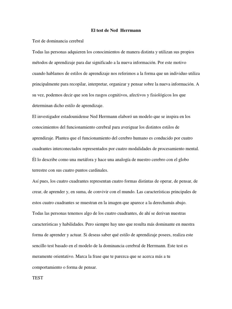 Test de Dominancia Cerebral de Herrmann | PDF | Aprendizaje | Prueba ...