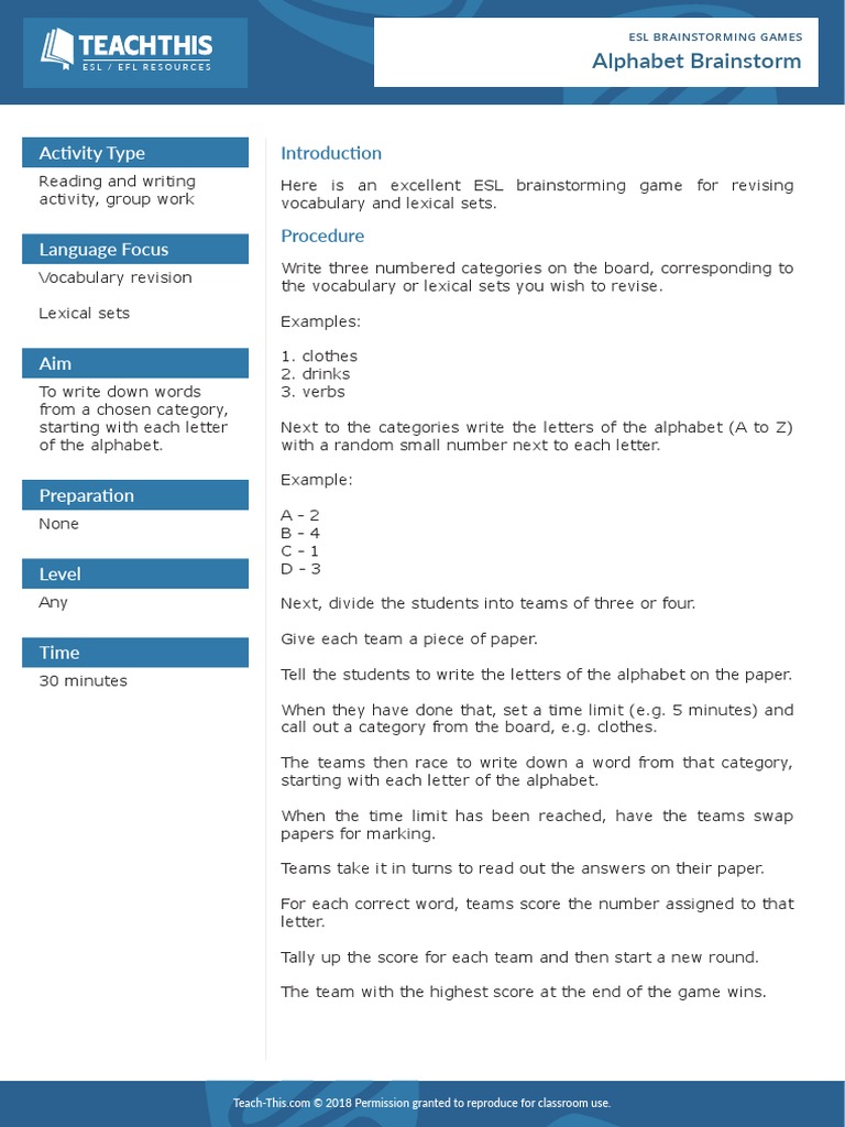 Alphabet Brainstorm: Activity Type | PDF | English Language | Word