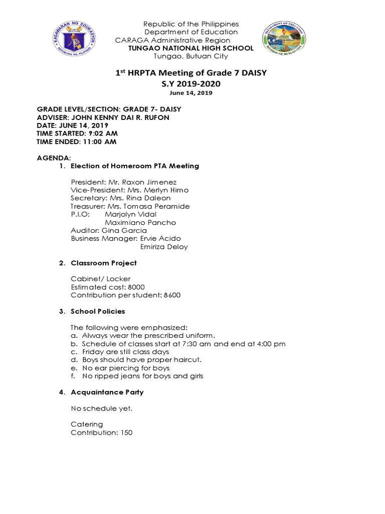 1 HRPTA Meeting of Grade 7 DAISY S.Y 2019-2020 | PDF