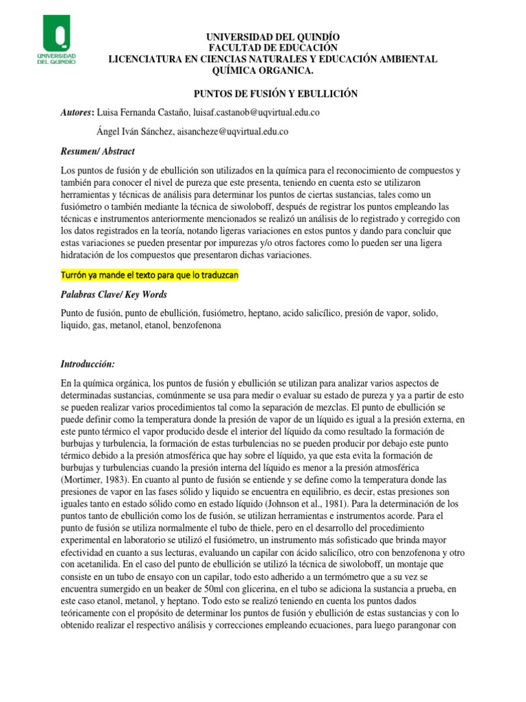Análisis de Puntos de Fusión y Ebullición | PDF | Punto de fusion ...