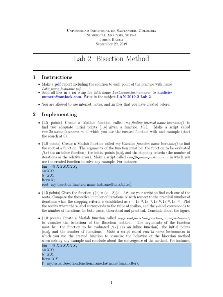 Lab 2. Bisection Method: 1 Instructions | PDF | Function (Mathematics) | Numerical Analysis