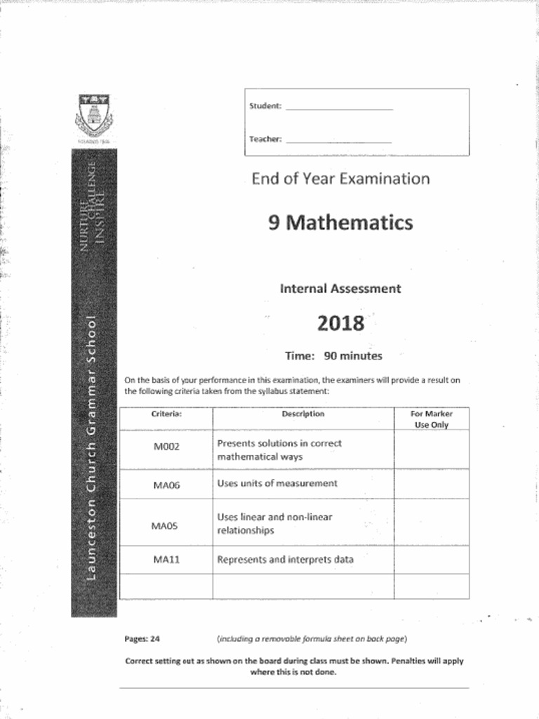 End of Year Maths Exam Grade 9 2018 - SOLS | PDF