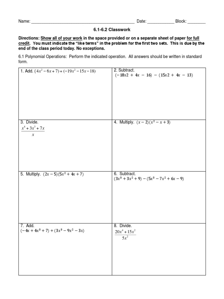 Polynomial Operations Classwork Guide | PDF