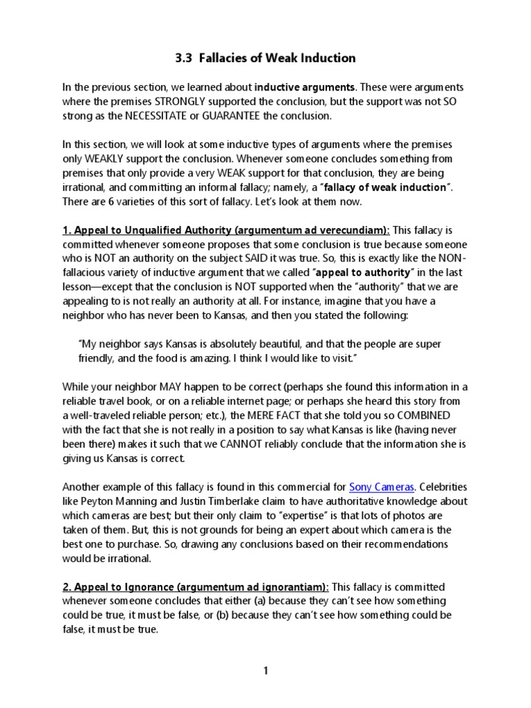 3.3 Fallacies of Weak Induction: 1. Appeal To Unqualified Authority ...