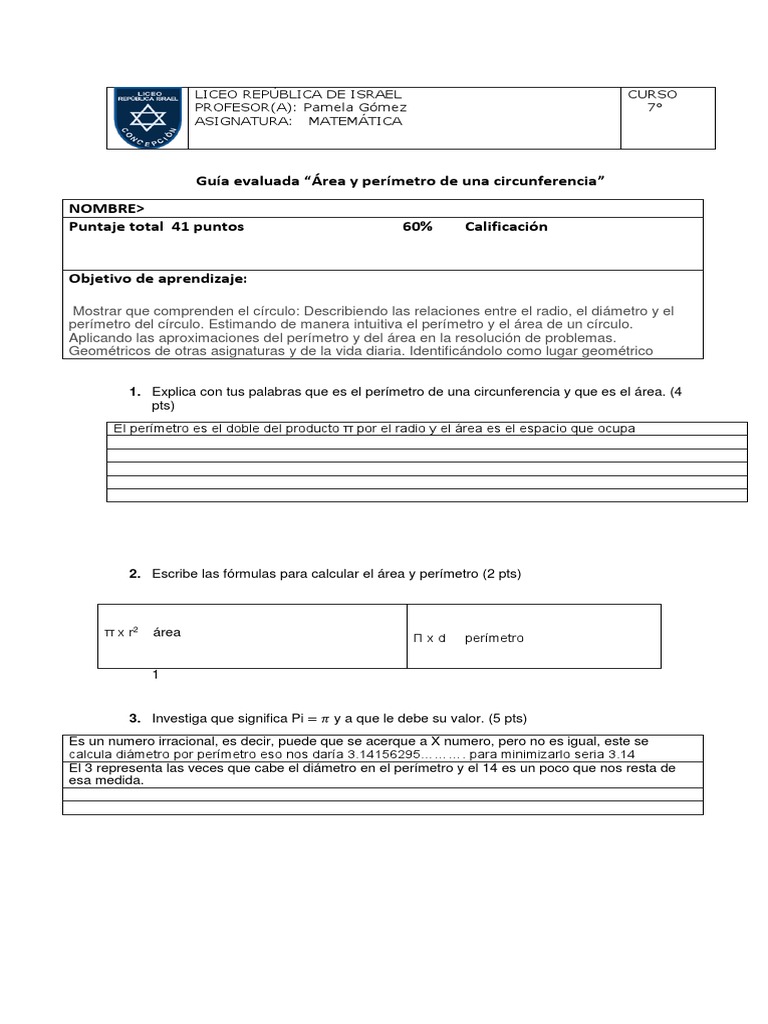 Guia Evaluada Area y Perimetro de Una Circunferencia Septimo Basico Ari ...