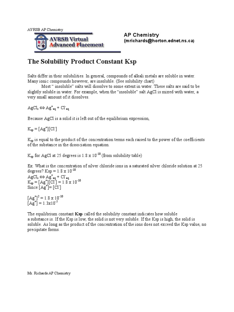 The Solubility Product Constant KSP: AP Chemistry | PDF | Solubility ...