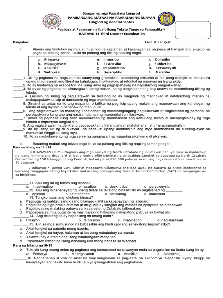 Exam-Pagbasa at Pagsusuri NG Iba't Ibang Teksto