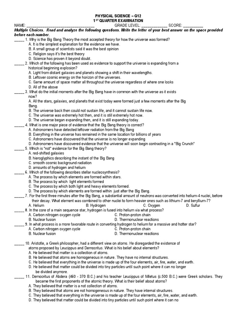 Physical Science Midterm Exam | PDF | Atoms | Atomic Nucleus